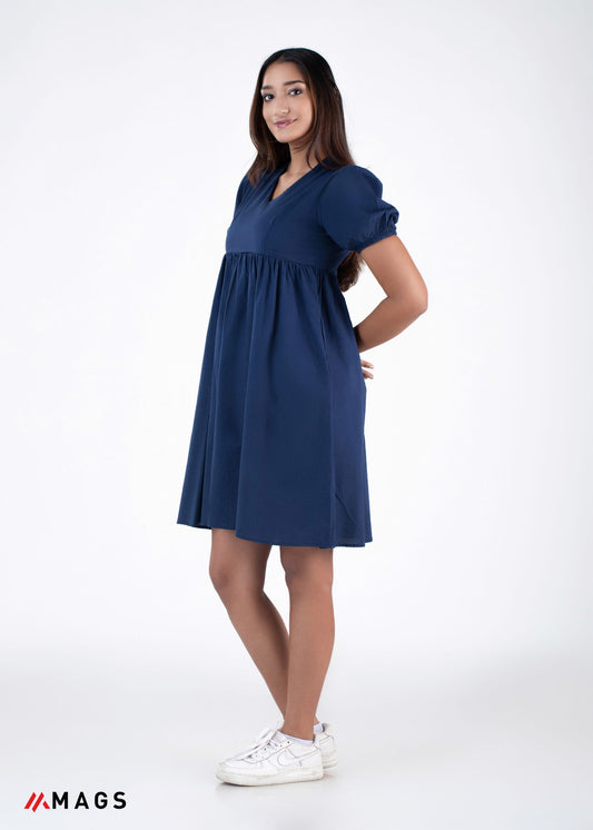 Navy Chic Puffed Sleeve Mini Dress